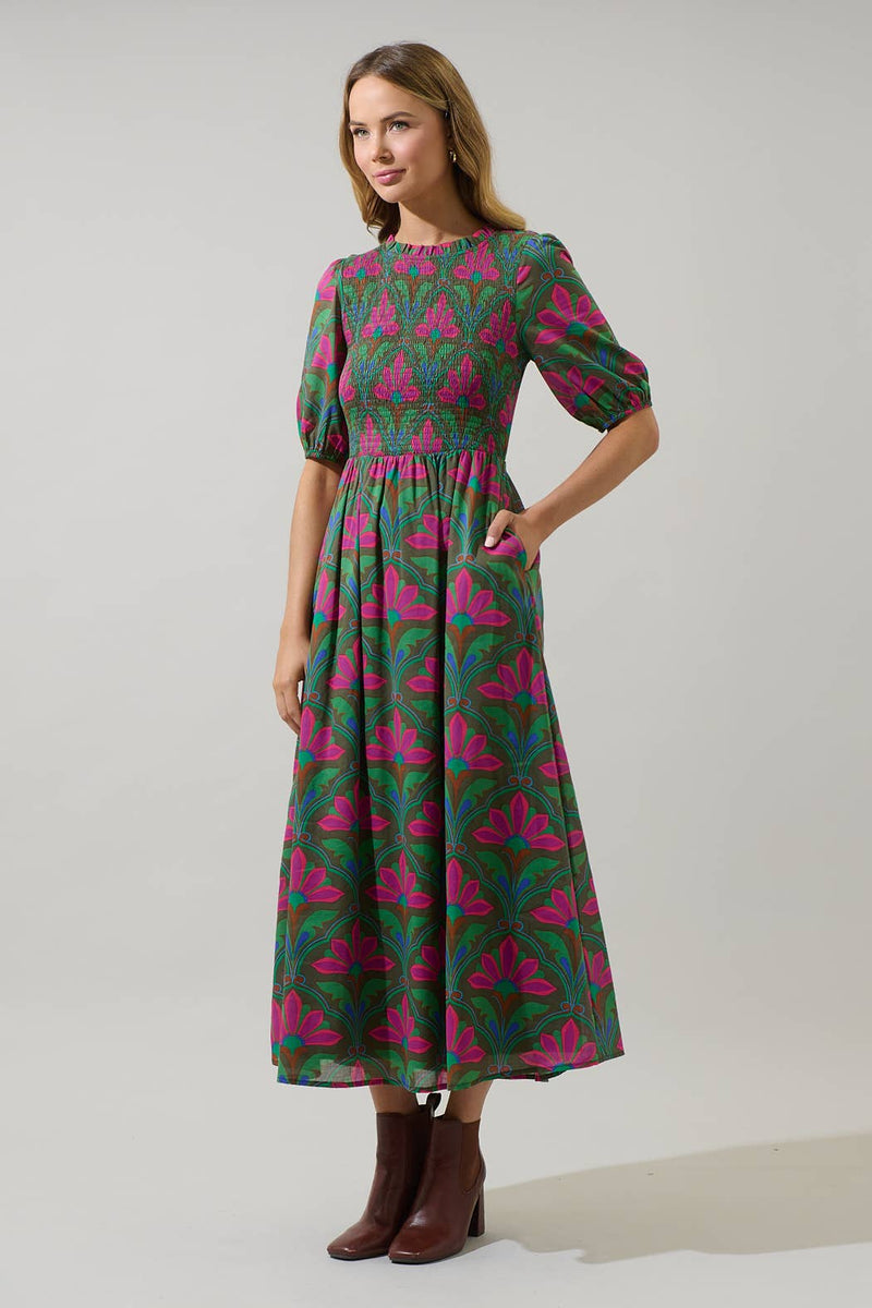 Evanna Floral Bermy Smocked Maxi Dress: KELLY-GREEN-PINK